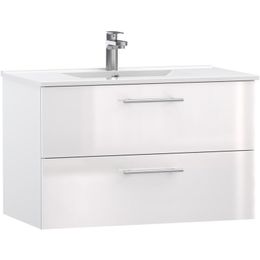 Welltime Waschtisch &raquo;Athen Badschrank Badezimmer WC Unterschrank mit Becken&laquo; Set, Waschplatz mit 2 Schubladen, Breite 80cm Softclose Bad wei&szlig; eckig, B
