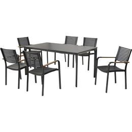 Merxx Garten-Essgruppe &raquo;&raquo;Paliano&laquo;&laquo; Set, 7 Stk. tlg. Applikationen, Armlehnen und Tischplatte aus Kunststoff in Holzoptik grau Kunststoff, Stahl 