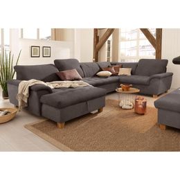 Home Affaire Wohnlandschaft &raquo;Lyla U-Form&laquo; wahlweise mit R&uuml;ckenfunktion und zus&auml;tzlich mit Bett + Bettkasten grau Feinstruktur weich (100% Polyester);