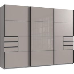 wimex Schwebet&uuml;renschrank &raquo;Tilburg&laquo; mit Glaselementen grau Holzwerkstoff Saharagrau, B/H/T: 270cm x 208cm x 65cm, Schubladen: 6 Stk. T&uuml;ren: 3 Stk.