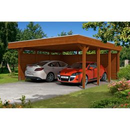 Skan Holz Doppelcarport &raquo;Friesland 3&laquo; Massivholz 514 cm braun mit Seiten- und R&uuml;ckw&auml;nden braun B/H/T: 210cm x