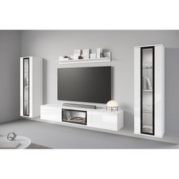 Home Affaire Wohnwand &raquo;Caro, stehend und h&auml;ngend montierbar&laquo; Komplett-Set, Vitrine T&uuml;ranschlag links/rechts wechselbar, 4 Stk. tlg. wei&szlig; Holzwerkstoff