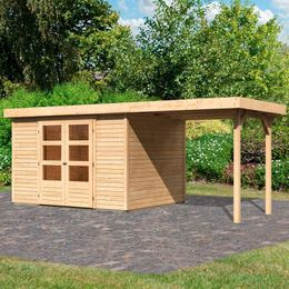 Karibu Gartenhaus &raquo;"Arnis 5" SET anthrazit mit Anbaudach 2,40 m Breite&laquo; aus hochwertiger nordischer Fichte beige Holzwerkstoff ohne Fu&szlig;boden, ohne R&uuml;ck- und 
