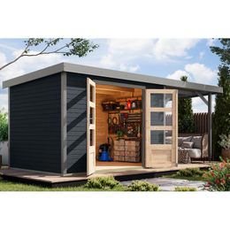 Karibu Gartenhaus &raquo;Jupiterino 4 SET, in verschiedenen Farben&laquo; inkl. Anbaudach schwarz Massivholz ohne Fu&szlig;boden, Blechdach