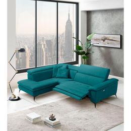 Egoitaliano Ecksofa &raquo;Martine, Multifunktionssofa mit Komfortfunktionen, edel und bequem&laquo; mit Ottomane, elektrischer Relaxfunktion und Kopfteilverstellung blau B/H