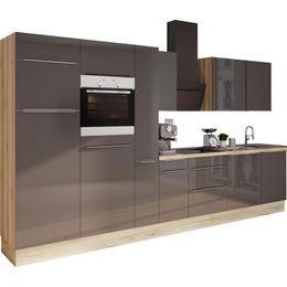 KOCHSTATION K&uuml;chenzeile &raquo;KS-Aken&laquo; Breite 360 cm, wahlweise mit E-Ger&auml;ten, mit Arbeitsplatte 38 mm stark grau B/H/T: 360cm x 212cm x 60cm, ohne E-