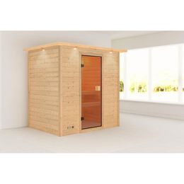 Karibu Sauna &raquo;"Sunie" mit bronzierter T&uuml;r und Kranz, naturbelassen&laquo; aus hochwertiger nordischer Fichte braun ohne Ofen, ohne Steuerung, (ohne Ofen)