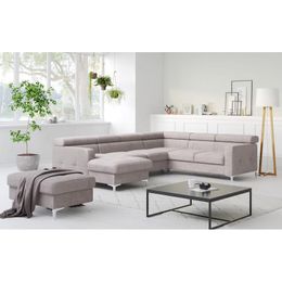 COTTA Wohnlandschaft &raquo;Sammy U-Form, B: 304 cm&laquo; Kopfteilverstellung, optional Schlaffunktion & Bettkasten grau NaturLEDER , die R&uuml;ckseite ist mit 