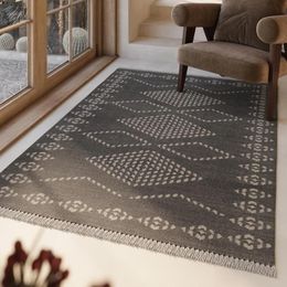 Wollteppich &raquo;Belmont&laquo; rechteckig 5 mm H&ouml;he Fransen, Kelim, handgewebt, Natur, Wohnzimmer, Schlafzimmer, Raute grau Wolle B : 200cm 1 Stk., 5mm, L: 