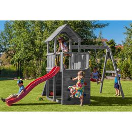 Fungoo Spielturm &raquo;CAROL 3 GREY&laquo; mit Schaukel & Rutsche, Kletterwand, Kletterfalle grau Holz, Metall, Polyethylen Einheitsgr&ouml;&szlig;e