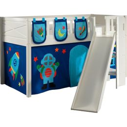 Vipack Hochbett &raquo;Scott&laquo; Made in Europe, m. Rutsch-/Leiterturm, LF 90x200 cm, Vorhang, Tasche, 4 Designs wei&szlig; 100% Baumwolle Liegefl&auml;che B/L: 90cm x 200cm, 
