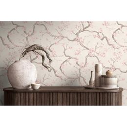 Livingwalls living walls Vliestapete &raquo;Bl&uuml;tenzweigtapete bunt Kirschbl&uuml;tenmotiv Asiatisch&laquo; floral strukturiert beige Vlies B/L: 0,53m x 10,05m, Rollen: 1