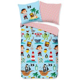 Good Morning Kinderbettw&auml;sche &raquo;Caribbean&laquo; 2 Stk. Baumwolle, Rei&szlig;verschluss, Wende, Baby, Kind, Junge, Piraten, T&uuml;rkis blau Renforc&eacute;, Obermaterial: 100