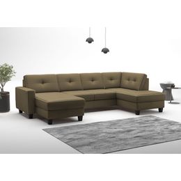 OTTO home Wohnlandschaft &raquo;Varese&laquo; wahlweise mit Schlaffunktion und Bettkasten gr&uuml;n B/H/T: 304cm x 91cm x 170cm, NaturLEDER Stoff, Ottomane rechts, 