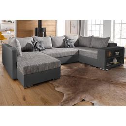 Collection AB Wohnlandschaft &raquo;John U-Form, B: 294 cm&laquo; Schlaffunktion, Bettkasten, Regalelement & 2 Zierkissen, Federkern schwarz Kunstleder SOFTLUX / 