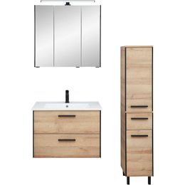 Badm&ouml;bel-Set &raquo;Quickset 395 3-teilig, Keramikwaschtisch mit LED-Spiegelschrank&laquo; 5 Stk. tlg. braun Riviera Eiche quer Nachbildungmit schwarzem L-Profil 