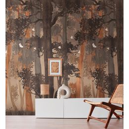 Livingwalls living walls Fototapete &raquo;Waldtapete&laquo; gemustert matt neutral glatt Fototapete B&auml;ume V&ouml;gel Tapeten Wohnzimmer Schlafzimmer K&uuml;che Blaun braun Vinyl, 