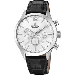 Festina Herren Chronograph &raquo;Timeless Chronograph&laquo; Armbanduhr, Quarzuhr, Herrenuhr, Stoppfunktion, Lederarmband schwarz Einheitsgr&ouml;&szlig;e