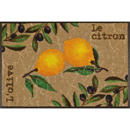 wash+dry by Kleen-Tex Fu&szlig;matte &raquo;Le Citron&laquo; rechteckig 7 mm H&ouml;he Schmutzfangmatte, Motiv Oliven & Zitronen, rutschhemmend, waschbar bunt Kunstfaser B :