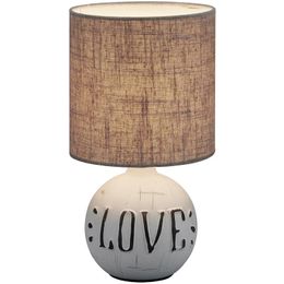 REALITY LEUCHTEN Schreibtischlampe &raquo;Esna&laquo; E14 1 Stk. E14 Tischleuchte mit LOVE-Schriftzug, Keramikfu&szlig; und Stoffschirm grau 1, &Oslash; 16,5cm H: 31cm, 1 Stk.