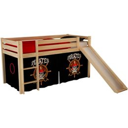 Vipack Hochbett &raquo;Pino, Kiefer massiv, Made in Europe, inkl. Rolllattenrost u. Leiter&laquo; umlaufender Absturzschutz, inkl. Textil-Set "Pirat", 3 Gestellfarben, 