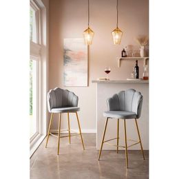 Salesfever Barhocker &raquo;Clam Barstuhl mit Stil&laquo; Set, 2er Set, Extravagantes Muscheldesign im praktischen 2er Set grau Samt (100% Polyester), Metall B/H/