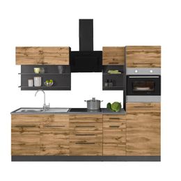 KOCHSTATION K&uuml;chenzeile &raquo;KS-Tulsa&laquo; mit E-Ger&auml;ten, Breite 270 cm, schwarze Metallgriffe, MDF Fronten braun B/H/T: 270cm x 60cm