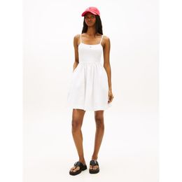 Tommy Jeans Damen Spaghettikleid &raquo;TJW RIB POPLIN MIX STRAPPY DRESS&laquo; Eingrifftaschen Super Slim mit Falten am Rock wei&szlig; L (40), N-Gr