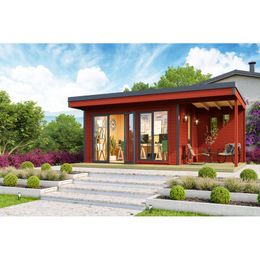Lasita Maja Gartenhaus &raquo;DOMEO 7&laquo; mit Anbau rot Massivholz Fu&szlig;boden im Gartenhaus, R&uuml;ckwand, ohne Dacheindeckung