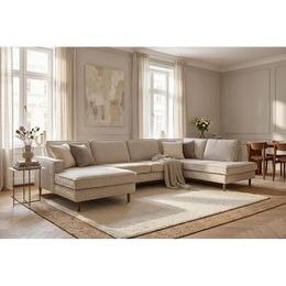 OTTO home Wohnlandschaft &raquo;Pinto Skandi, 350 cm, U-Form, XXL, mit Ottomanen&laquo; mit Keder, Massivholzf&uuml;&szlig;e Eiche ger&auml;uchert, Wellenunterfederung 100% 