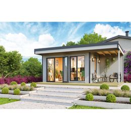 Lasita Maja Gartenhaus &raquo;DOMEO 7&laquo; mit Anbau grau Massivholz Fu&szlig;boden im Gartenhaus, R&uuml;ckwand, ohne Dacheindeckung
