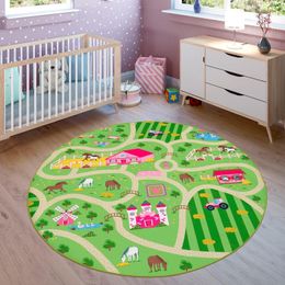 Paco Home Kinderteppich &raquo;Bino 560&laquo; rund 4 mm H&ouml;he Kurzflor, Stra&szlig;en-Spiel-Teppich, Motiv Bauernhof, Kinderzimmer gr&uuml;n Polyester &Oslash; 160cm 1 Stk., 4mm, &Oslash; 160cm