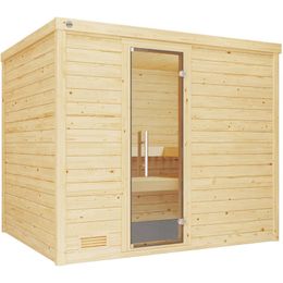 Weka Sauna &raquo;Massivholzsauna BERGEN 3&laquo; Blockbohlen, moderne Ganzglast&uuml;r beige Saunaofen, integrierte Steuerung, 9 kW