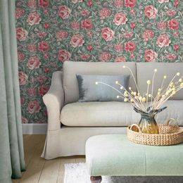 Laura Ashley Vliestapete &raquo;Wild Roses&laquo; gebl&uuml;mt glatt 10mx52cm (ca. 5m2) gr&uuml;n Vlies B/L: 0,52m x 10m, Rollen: 1