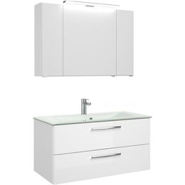 Badm&ouml;bel-Set &raquo;Trentino 2-teilig Glas-Waschtisch, Spiegelschrank mit LED-Leuchte&laquo; 3 Stk. tlg. wei&szlig; Einheitsgr&ouml;&szlig;e