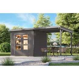 Karibu Gartenhaus &raquo;Plutino 2 SET, in verschiedenen Farben&laquo; inkl. Anbaudach grau Massivholz ohne Fu&szlig;boden, Blechdach