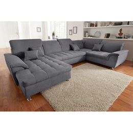 DOMO collection Wohnlandschaft &raquo;FRANZI optional mit Bettfunktion, Bettkasten & Kopfteilverstellung&laquo; U-Form, Recamiere links, dunkelgrau, B/T: 352/214 