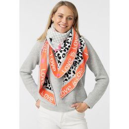Zwillingsherz Damen Dreieckstuch &raquo;Love is Love&laquo; Feinstrick, Schriftzug, Animal-Muster, w&auml;rmend orange Einheitsgr&ouml;&szlig;e