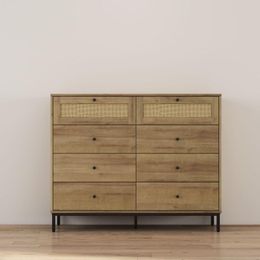 OTTO home Kombikommode &raquo;Motala W&auml;sche Schrank mit 8 Schubladen Sideboard BOHO Design&laquo; Eichen-Design mit schwarzen Griffen und Geflecht Schubladen, 