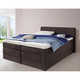 Hapo Boxspringbett mit Bettkasten braun Kopfteil, seitliche Unterbox und Obermatratze sind mit pflegeleichtem Feinstrukturstoff in Leinenoptik (100% 