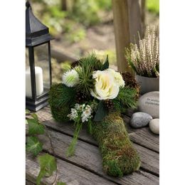 OTTO home Kunstblume &raquo;Gesteck mit Rosen auf Kreuz&laquo; Kreuzdekoration mit Kunstrosen, Zapfen und Ziergr&uuml;n B/H/L: 31cm x 11cm x 21cm