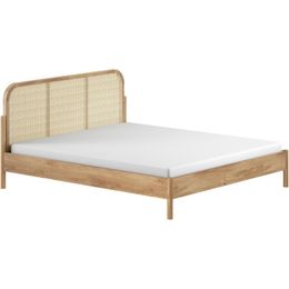 Vipack Bettgestell &raquo;Olive, Bettpfosten Eiche massiv und furnierten Bettseiten&laquo; mit hochwertigem Rattan-Geflecht Kopfteil, Rahmen Eiche massiv, ohne 