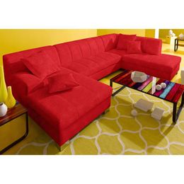DOMO collection Wohnlandschaft &raquo;TURAH 297x195x75 cm, moderne Steppung&laquo; whlw. mit Bettfunktion, U-Form rot Microfaser PRIMABELLE (100% Polyester);