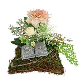 OTTO home Kunstblume &raquo;Kunstblumen-Gesteck mit Dahlie und Gedenkbuch auf Pflanzkissen&laquo; Florales Dekogesteck mit Buchmotiv und Kunstblumen gr&uuml;n B/H/L: 