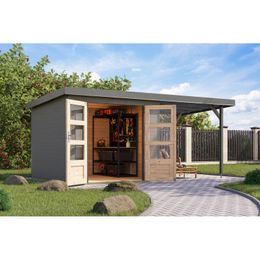 Karibu Gartenhaus &raquo;Jupiterino 3,5 SET, in verschiedenen Farben&laquo; inkl. Anbaudach grau Massivholz ohne Fu&szlig;boden, Blechdach