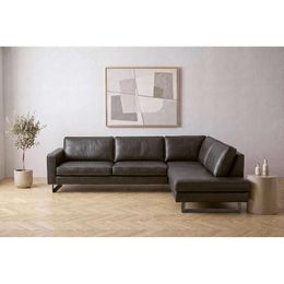 OTTO home Ecksofa &raquo;Pinto, 290 cm, Cord, Chenille, Lederoptik, Ottomane links / rechts&laquo; mit Keder, schwarze Metallf&uuml;&szlig;e, Wellenunterfederung grau Luxus-