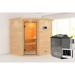 Karibu Sauna &raquo;"Trixi" mit bronzierter T&uuml;r und Kranz, naturbelassen&laquo; aus hochwertiger nordischer Fichte beige Bio-Kombiofen, externe Steuerung, 400 kW