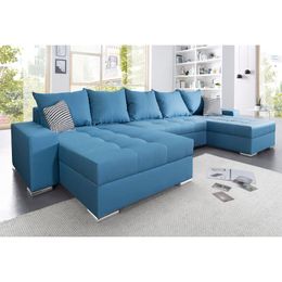 Collection AB Wohnlandschaft &raquo;Josy XXL U-Form, B: 333 cm, mit 2 Recamieren 77 & 97 cm&laquo; Schlaffunktion, Bettkasten & 2 Zierkissen, Federkern blau 100% 