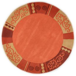 Theko Wollteppich &raquo;Ambadi&laquo; rund 14 mm H&ouml;he reine Schurwolle, handgetuftet, mit Bord&uuml;re, modern orange Schurwolle &Oslash; 190cm 1 Stk., 14mm, &Oslash; 190cm