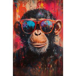 Bild &raquo;Wandbild BUNTER SCHIMPANSE 78x118 cm &ndash; Leinwandbild Keilrahmen Deko&laquo; Affen Affenbilder Humor auf Keilrahmen gespannt bunt Canvas, MDF B/H/T: 